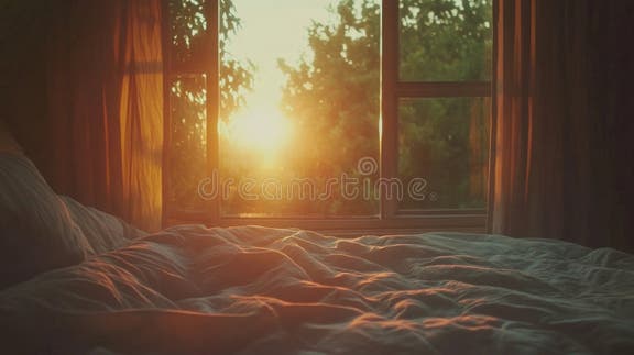 Warm Sunrise Light through Bedroom Window Stock Illustration ...
