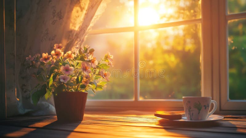 Warm Sunrise Light through Window Flowers Teacup Stock Illustration ...
