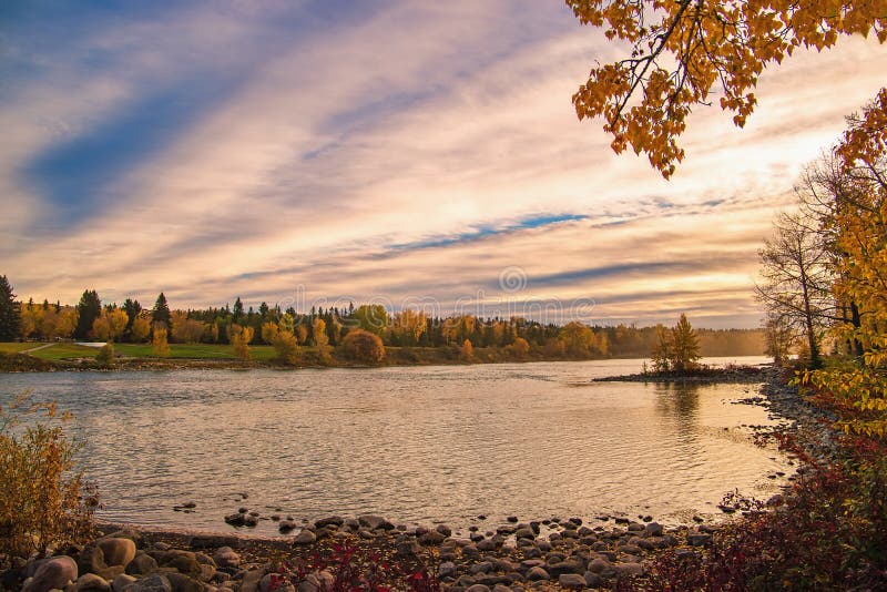 Warm Sunrise Over the Fall Bow River Stock Image - Image of autumn ...