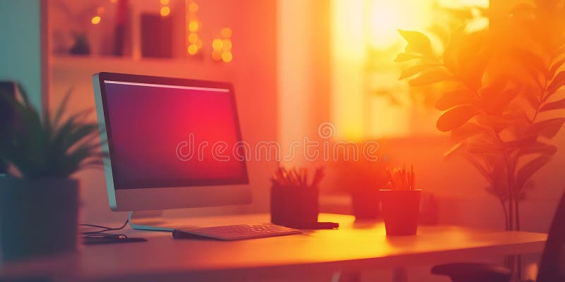 Warm Sunset Computer Desk Setup Stock Illustration - Illustration of ...