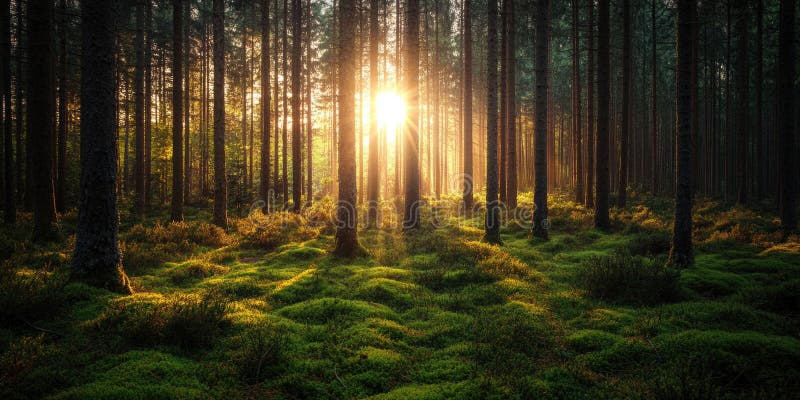 Warm Sunset through Forest Trunks Stock Image - Image of sunset ...