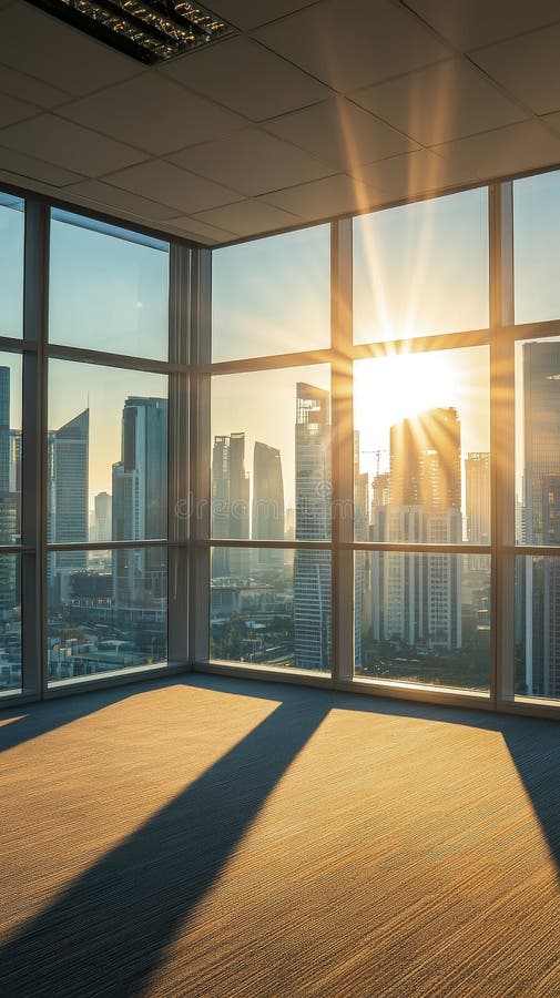 Warm Sunset Glow through Corner Office Window View Stock Illustration ...