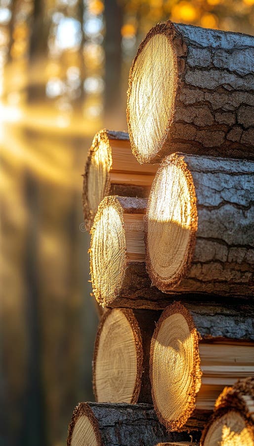 Warm Sunset Glow on Stacked Timber, Forestry and Logging Industry ...