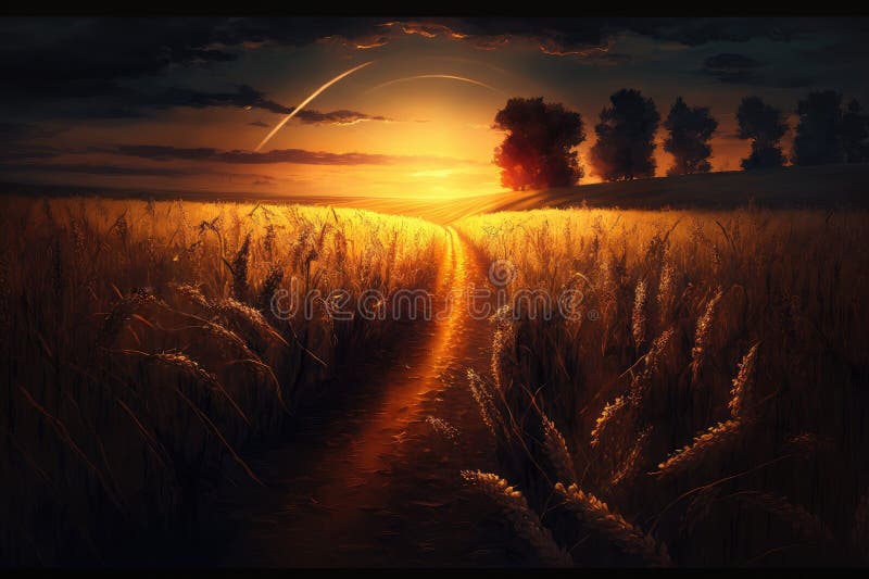 Warm Sunset, with Golden Rays Illuminating a Field of Crops Stock Photo ...