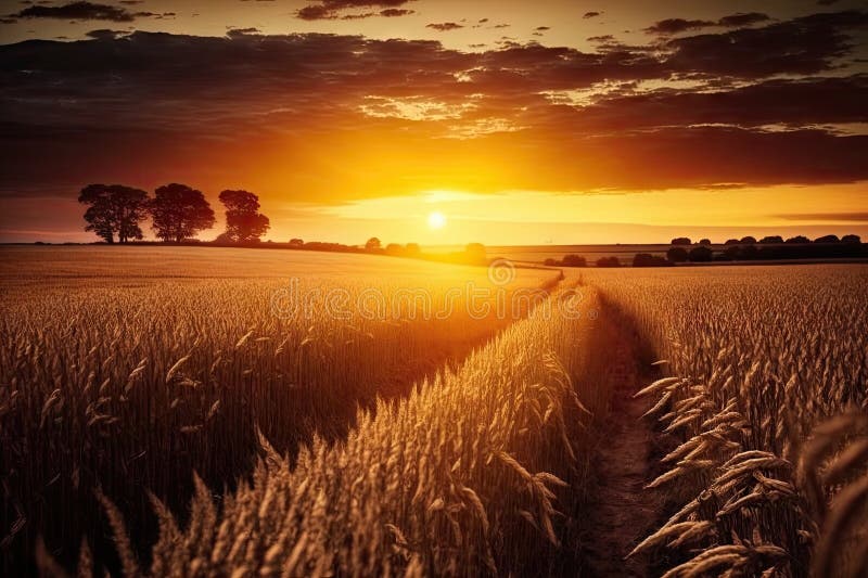 Warm Sunset, with Golden Rays Illuminating a Field of Crops Stock ...