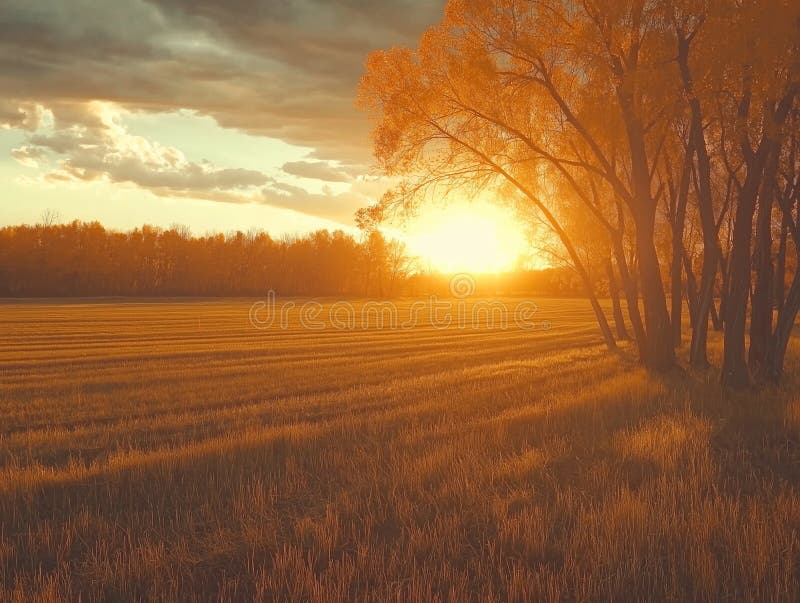 Sunsets Over Golden Fields with Trees Casting Long Shadows at Dusk ...