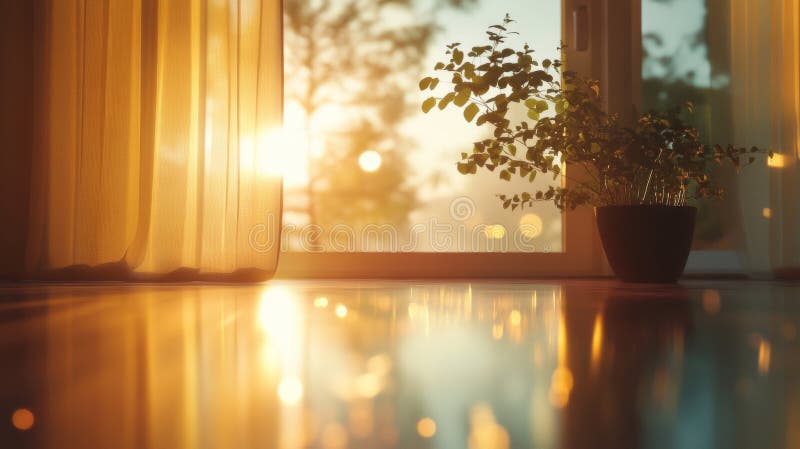Warm Sunset Light Illuminates Potted Plant on Window Sill Stock ...