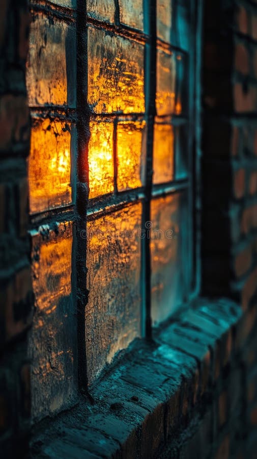 Warm Sunset Light Streaming through Rustic Brick Window with Textured ...