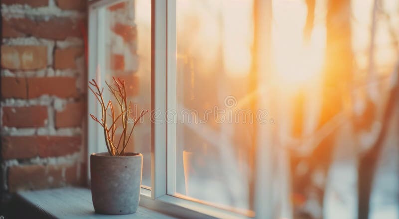 Warm Sunset Light Streaming through Window beside Rustic Brick Wall ...