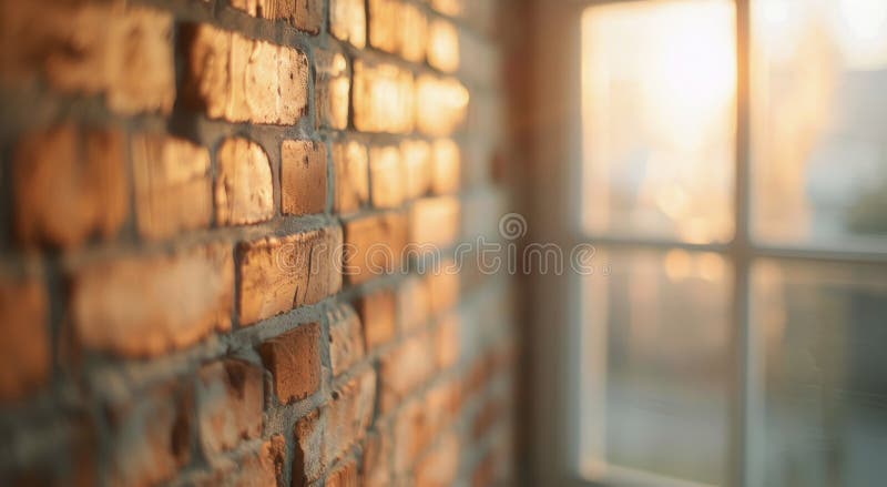 Warm Sunset Light Streaming through Window beside Rustic Brick Wall ...