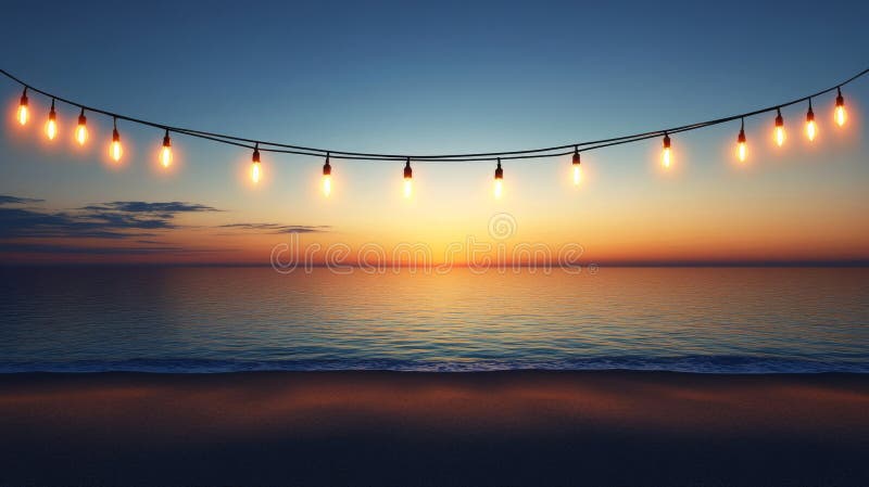 Warm Sunset Over Ocean Beach with String Lights Stock Illustration ...
