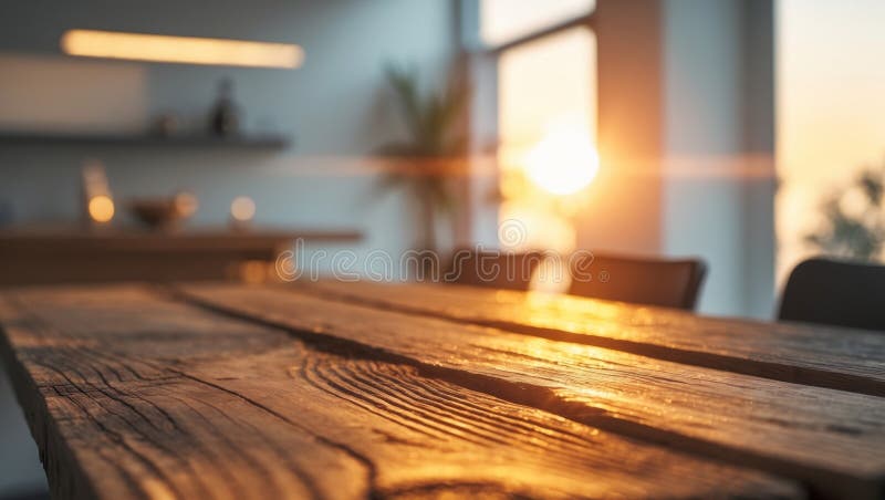 Warm Sunset Over Wooden Dining Table in Blurred Modern Room Interior ...