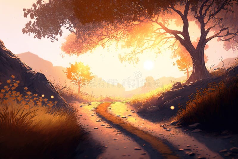 Warm Sunshine Landscape in Rural Area Pathway. Stock Illustration ...