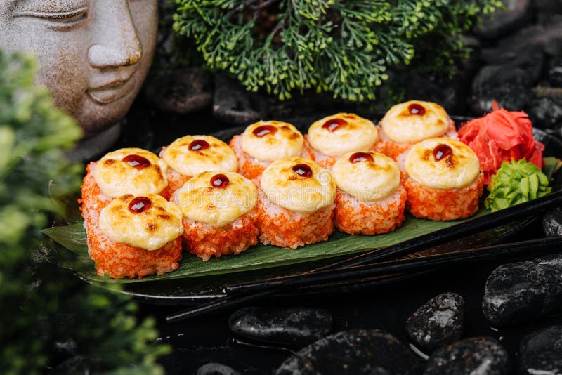 Warm Sushi Roll with Salmon and Cream Cheese Served Stock Image - Image ...