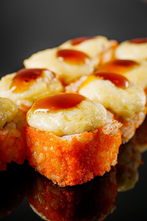 Sushi Roll with Sesame Salmon and Philadelphia Cheese Stock Photo ...