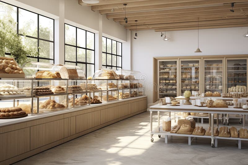 Warm Sustainable Artisan Bakery Interior with Diverse Pastries Stock ...