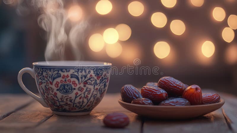 Warm Tea and Dates at Dusk stock illustration. Illustration of table ...