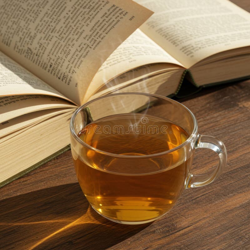 Warm Tea and Open Book on Wooden Table Stock Illustration ...