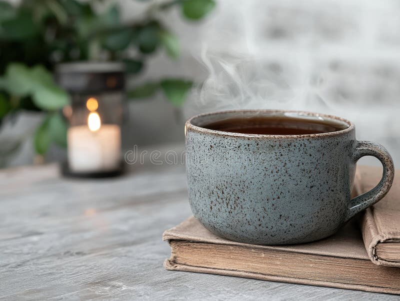 Warm Tea in a Rustic Mug on Old Books Stock Illustration - Illustration ...