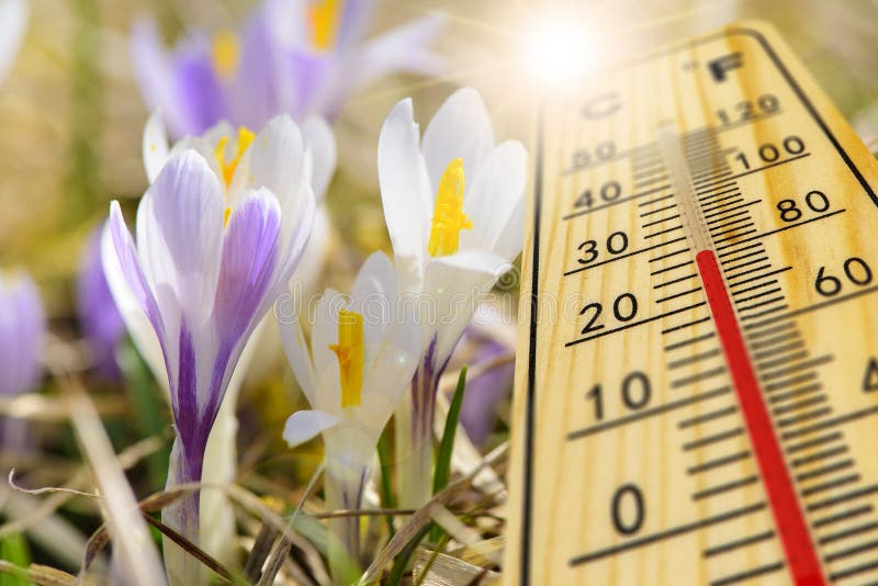 Warm Temperature on Thermometer at Springtime Stock Photo - Image of ...