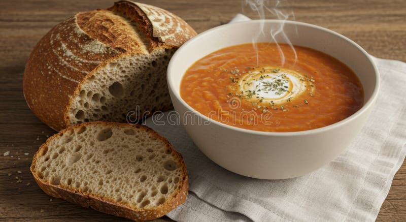 Warm Tomato Soup with Crusty Bread on Rustic Wooden Table Stock ...