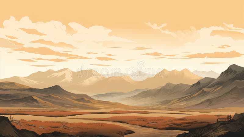 Warm Tonal Range Landscape Illustration with Mountainous Vistas Stock ...