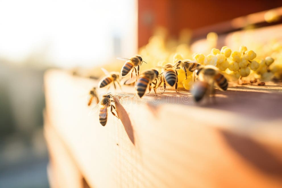 Warm-toned Bee Activity at Hive with Sun Low in Sky Stock Illustration ...