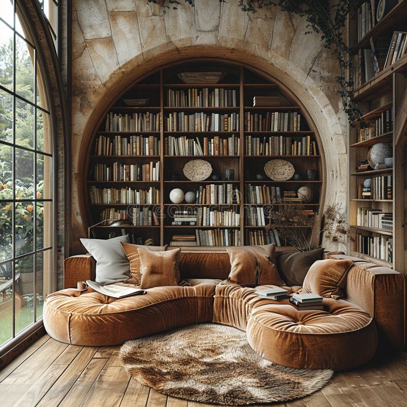 Warm-toned Library with Built-in Bookshelves and a Cozy Reading Nook ...