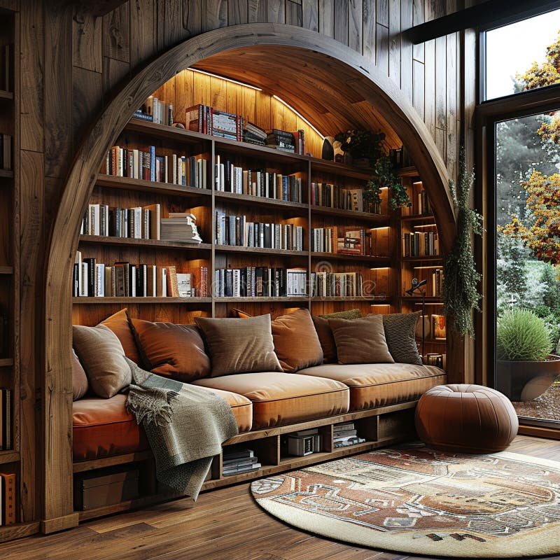 Warm-toned Library with Built-in Bookshelves and a Cozy Reading Nook ...