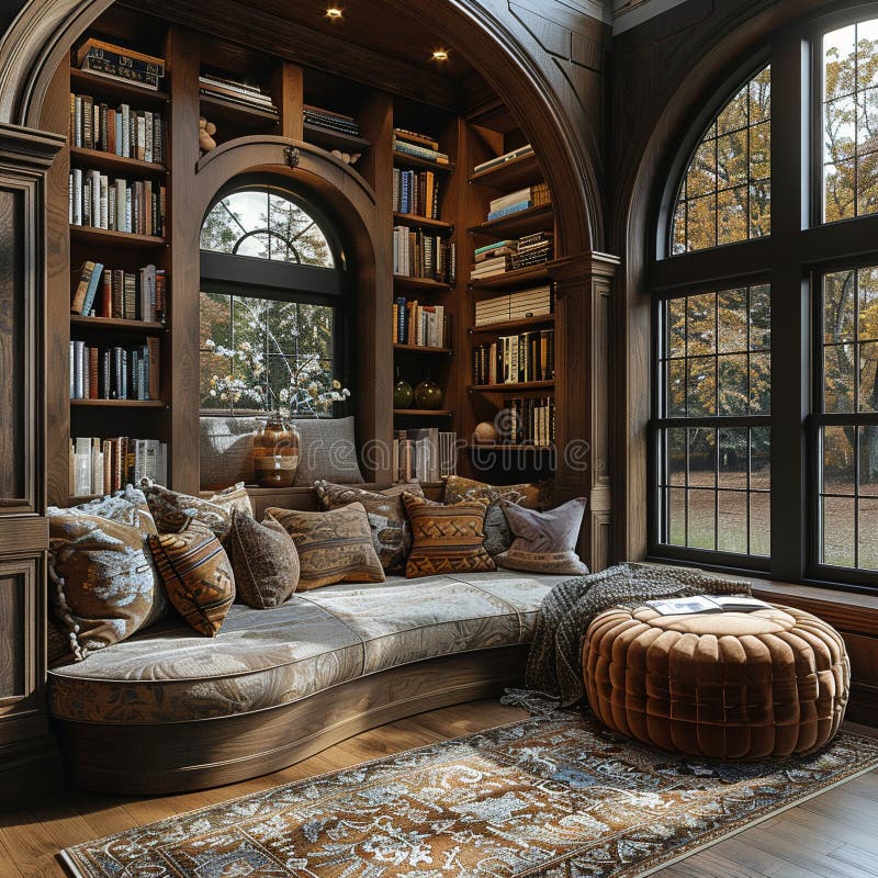 Warm-toned Library with Built-in Bookshelves and a Cozy Reading Nook ...