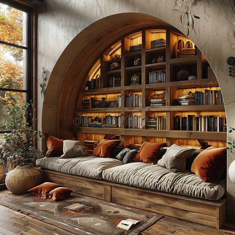 Warm-toned Library with Built-in Bookshelves and a Cozy Reading Nook ...