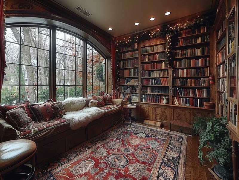 Warm-toned Library with Built-in Bookshelves and a Cozy Reading Nook ...