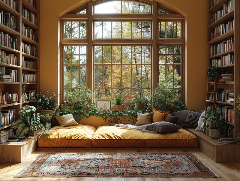 Warm-toned Library with Built-in Bookshelves and a Cozy Reading Nook3D ...