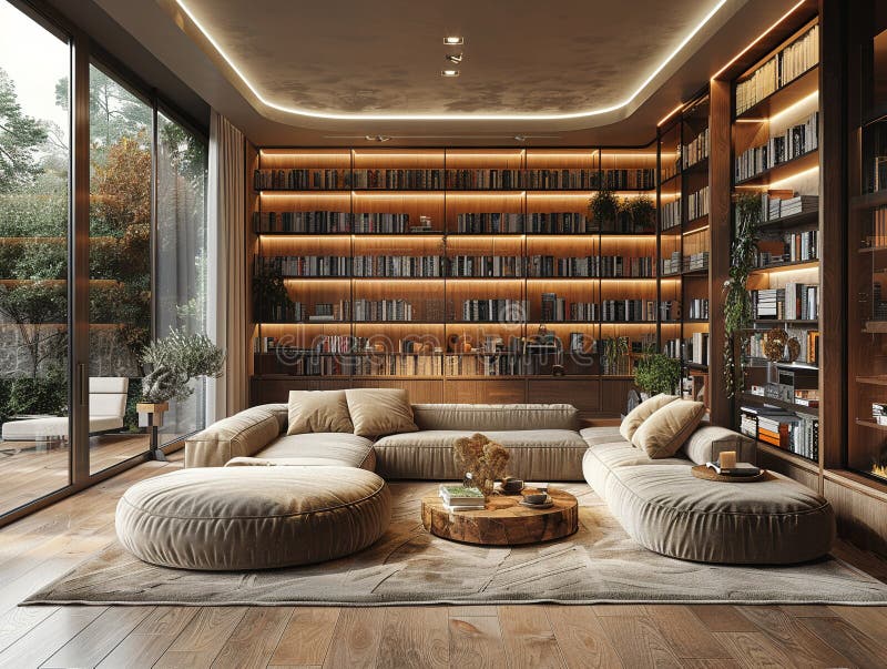 Warm-toned Library with Built-in Bookshelves and a Cozy Reading Nook3D ...