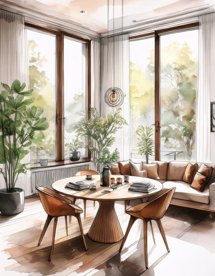 Warm-toned Sketch of a Cozy Dining Area with Natural Light Stock ...