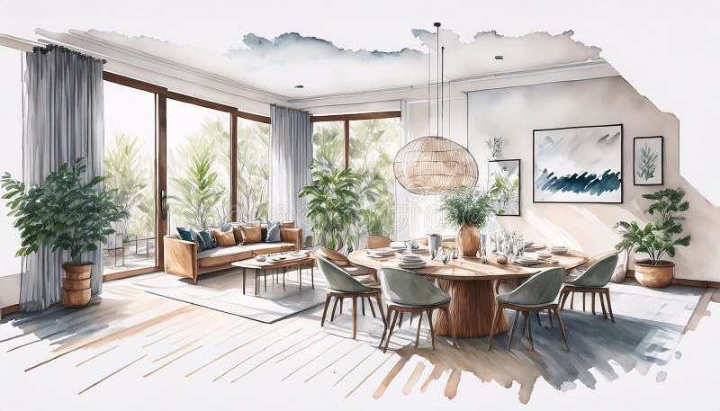 Warm-toned Sketch of a Cozy Dining Area with Natural Light Stock ...