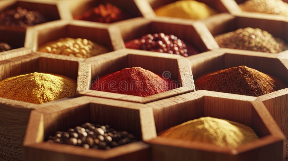 Warm-toned Spice Jars Arranged in Geometric Grid . Stock Photo - Image ...