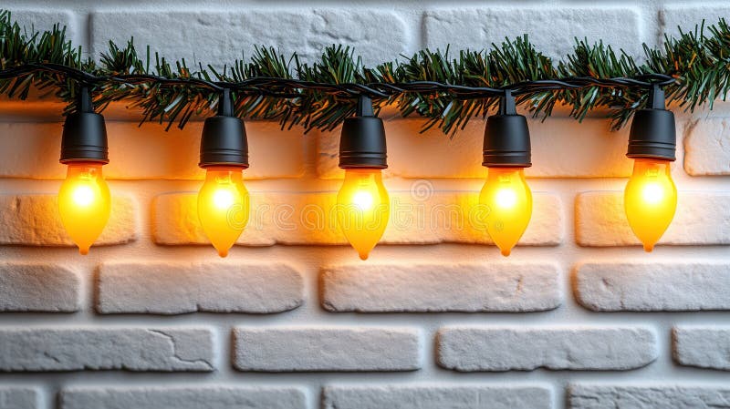 Warm-toned String Lights with Greenery on a White Brick Wall Stock ...