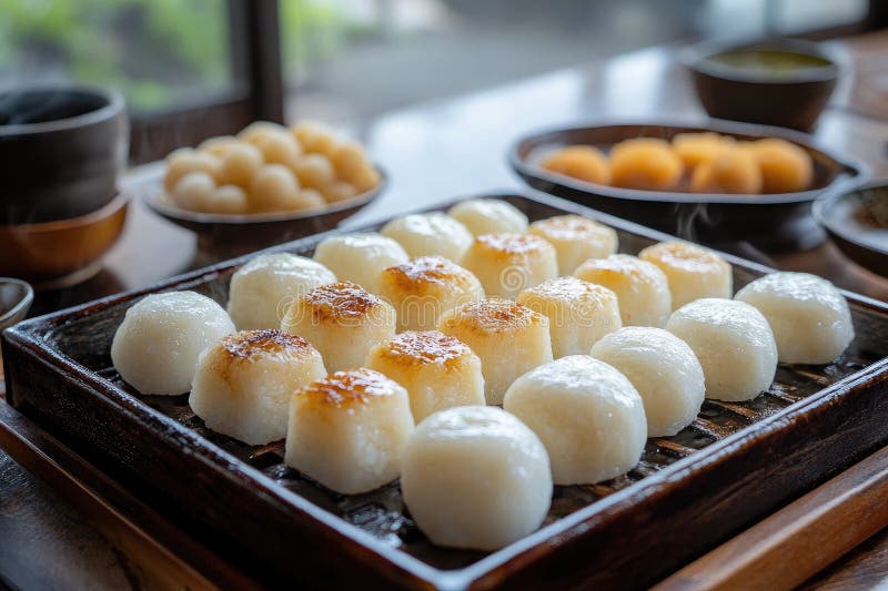A Warm Tray of Kagami Mochi with Stacked Rice Cakes. Stock Illustration ...