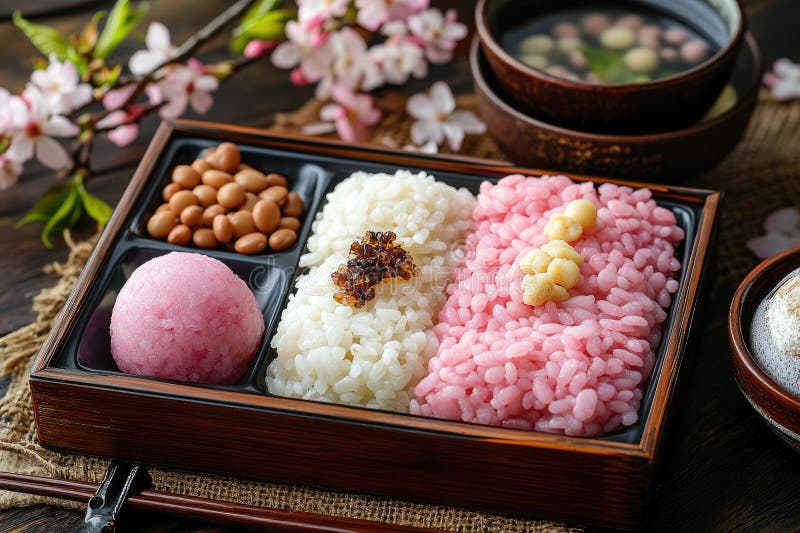 A Warm Tray of Sakura Mochi with Pink Rice and Beans. Stock ...