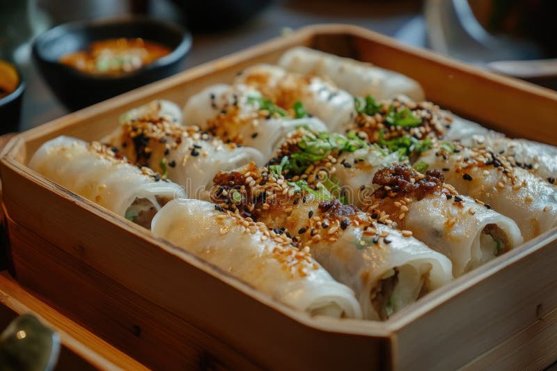 A Warm Tray of Steamed Rice Rolls with Beef and Soy. Stock Illustration ...