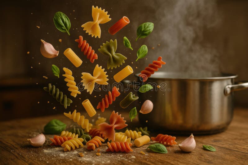 Warm Tricolor Pasta Flying Above Rustic Table with Boiling Pot Steam ...