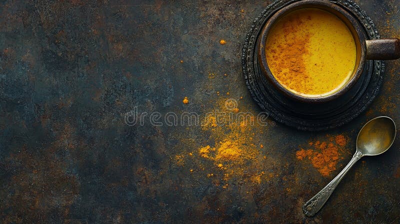 Warm Turmeric Latte in Rustic Cup with Spoon on Dark Rustic Table Stock ...