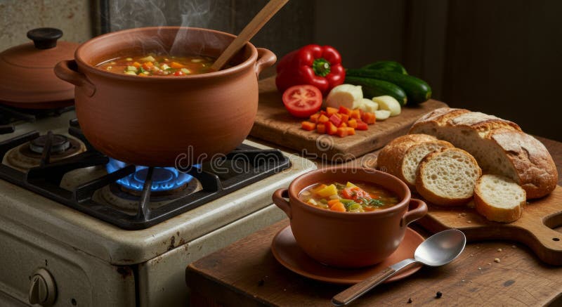Warm Vegetable Soup in Rustic Clay Pot on Vintage Stove Stock ...