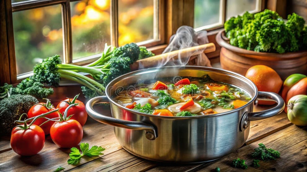 Warm Vegetable Soup Steaming in Rustic Kitchen Setting. Generative AI ...