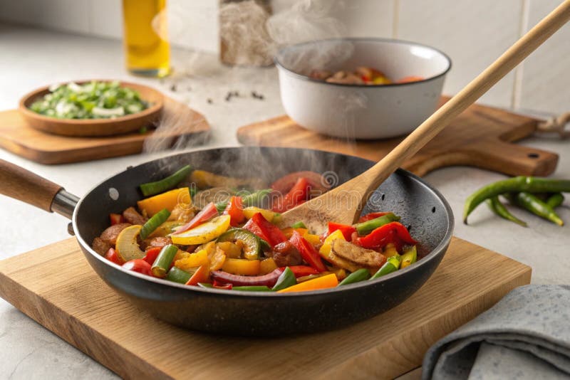 Warm Vegetable Stir Fry in a Pan with Wooden Spoon - Generated by Ai ...