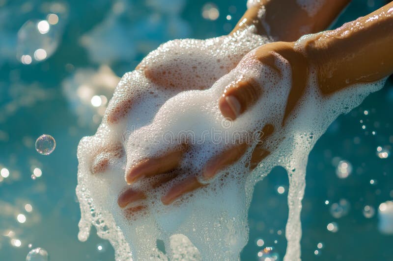 Warm Water Flows Over Hands Coated with Soap Bubbles, Emphasizing ...