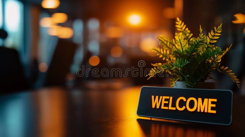 Warm Welcome Sign on Table in Modern Office Setting, Surrounded by Soft ...