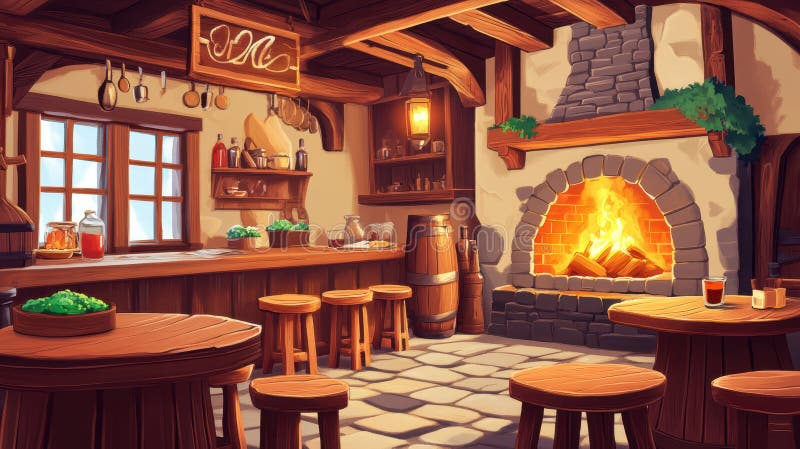 Warm and Welcoming Medieval Tavern with Food and a Glowing Hearth Stock ...