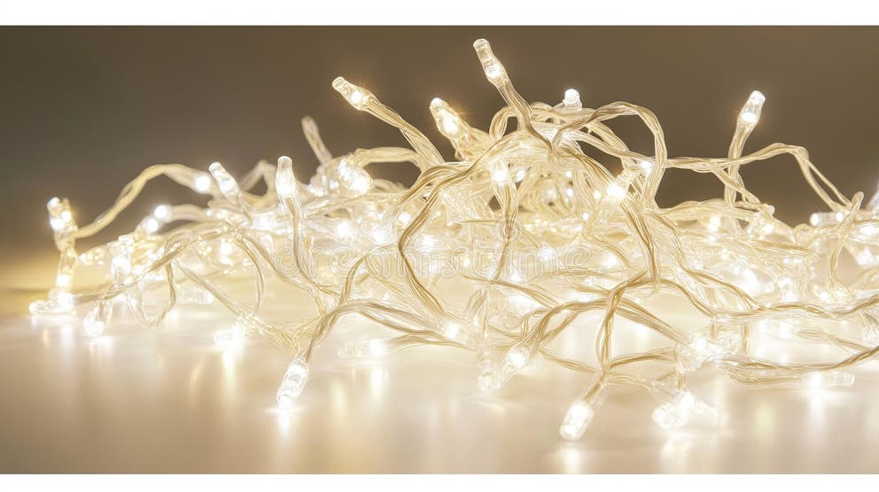 Warm-white LED String Lights Tangled on Beige Surface, Dark Background ...